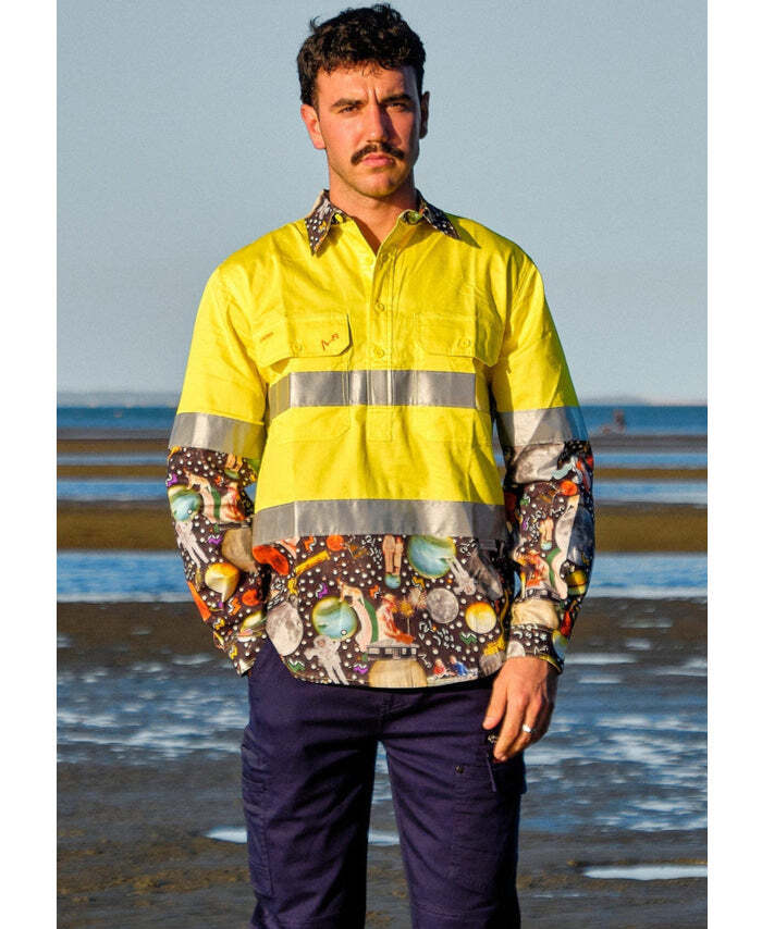 MENS MOON MUTTS HI VIS DAY/ NIGHT YELLOW 1/2 PLACKET WORKSHIRT | Hi-Vis ...